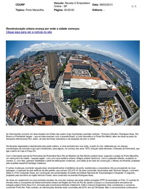 Reestruturação urbana avança por onde a cidade ... - Porto Maravilha