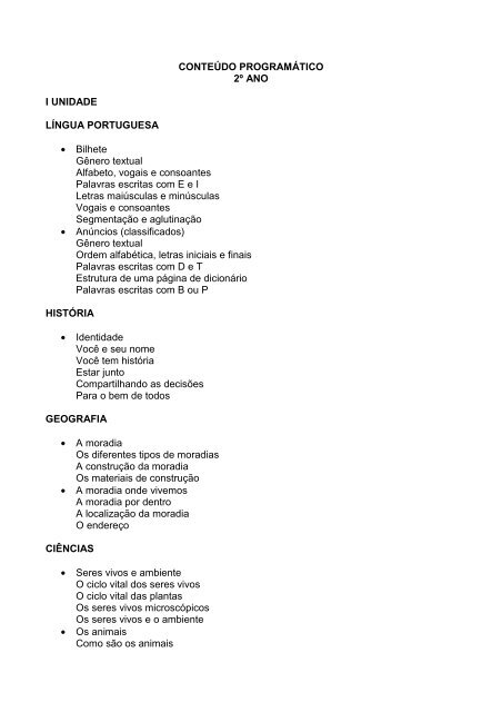 CONTEÚDO PROGRAMÁTICO 2º ANO I UNIDADE LÍNGUA ...
