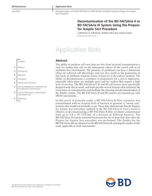 Decontamination Of The BD FACSAria II - BD Biosciences