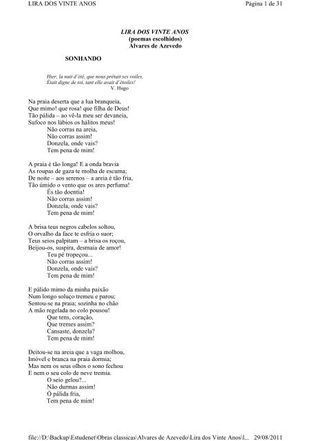 LIRA DOS VINTE ANOS (poemas escolhidos) Álvares de Azevedo ...
