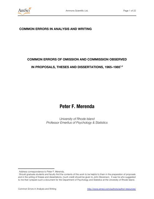 Common Errors in Analysis and Writing - AmSci (Ammons Scientific ...
