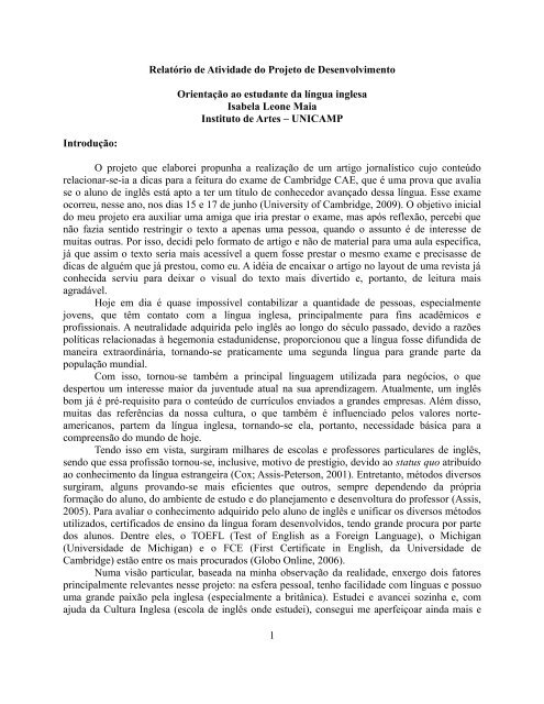 Relatório - Instituto de Artes - Unicamp