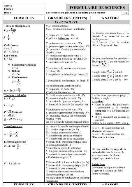 Formulaire de sciences en Bac Pro