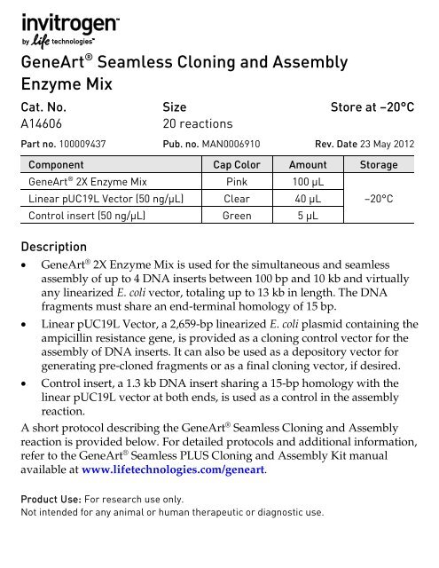 GeneArt Seamless Cloning and Assembly Enzyme Mix - Invitrogen