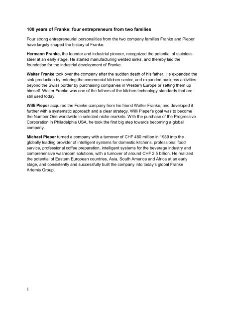 Fact Sheets Franke History