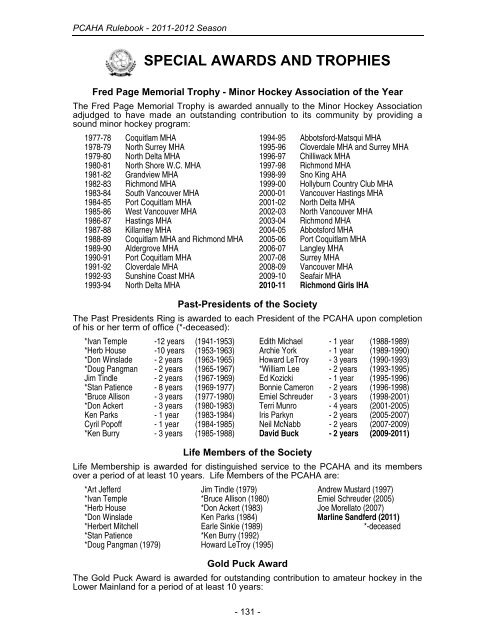 PCAHA Special Awards - PCAHA Hockey