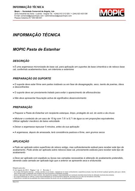 Download Ficha Técnica do Produto - grupo mopic
