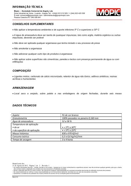 INFORMAÇÃO TÉCNICA Mop