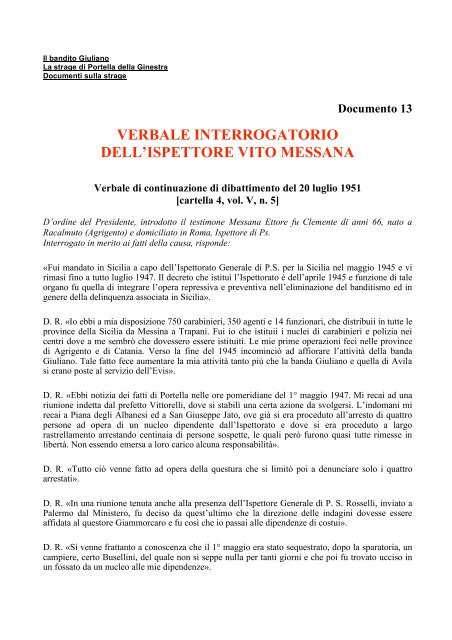 verbale interrogatorio dell'ispettore vito messana - Misteri d'Italia