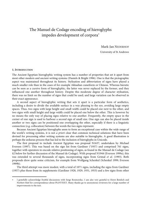 The Manuel de Codage encoding of hieroglyphs impedes ...