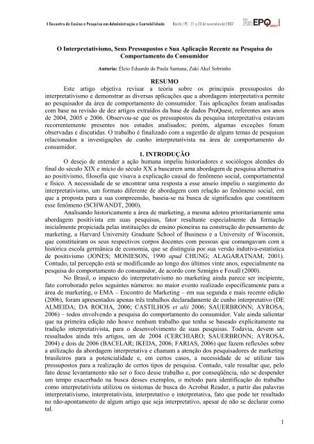 1 O Interpretativismo, Seus Pressupostos e Sua Aplicação ... - Anpad