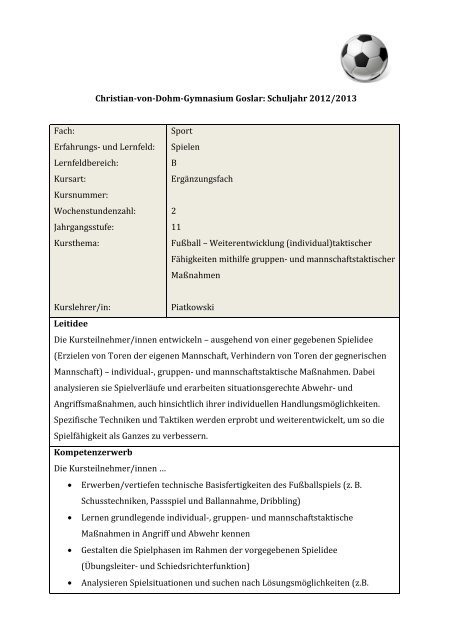 Christian-von-Dohm-Gymnasium Goslar: Schuljahr 2012/2013 Fach ...