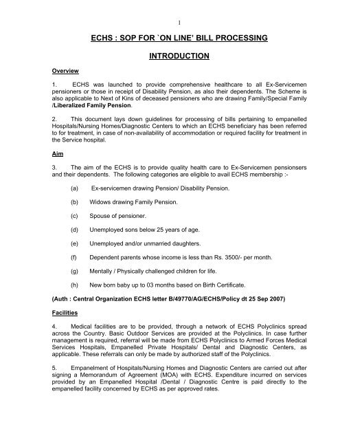 ECHS : SOP FOR `ON LINE' BILL PROCESSING INTRODUCTION