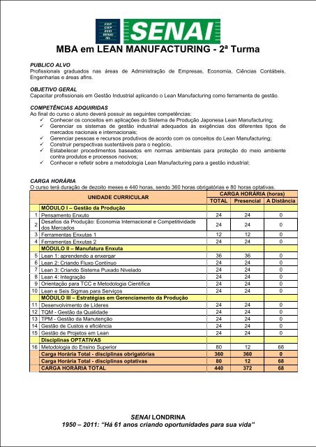 MBA em LEAN MANUFACTURING - CRA-PR