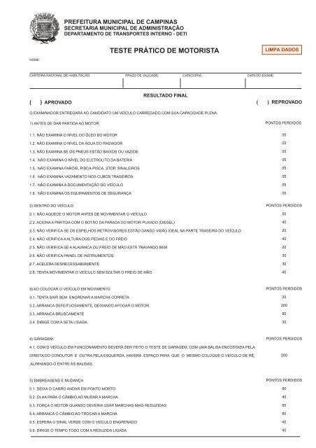 TESTE PRÁTICO DE MOTORISTA - Prefeitura Municipal de Campinas
