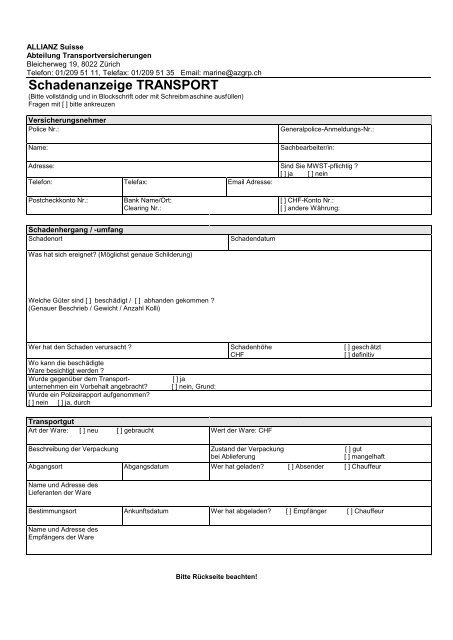 Schadenanzeige TRANSPORT