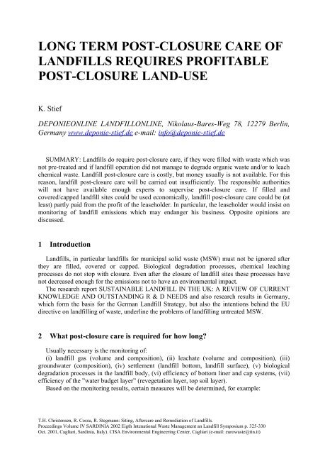 long term post-closure care of landfills requires profitable post ...