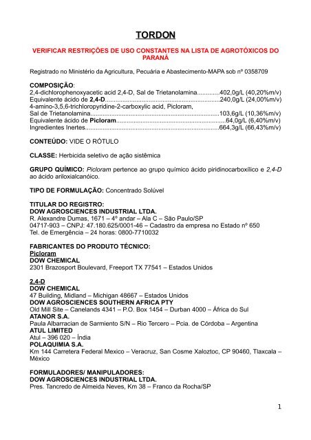 TORDON - Secretaria da Agricultura e Abastecimento