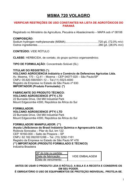 MSMA 720 VOLAGRO - Secretaria da Agricultura e Abastecimento