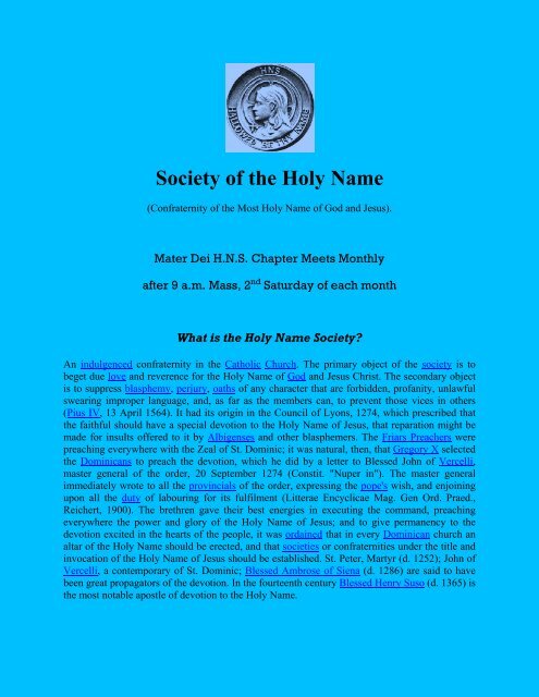 Society of the Holy Name - Mater Dei Latin Mass Community of ...