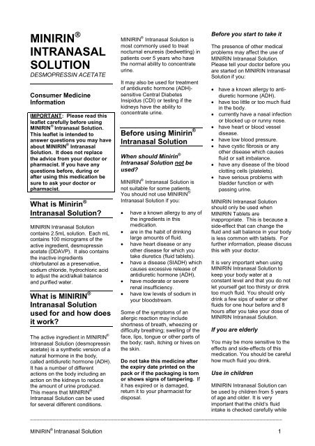 MINIRIN INTRANASAL SOLUTION - Medsafe