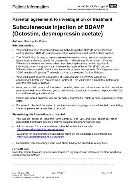 Subcutaneous injection of DDAVP (Octostim, desmopressin acetate)