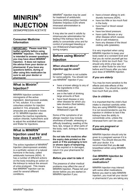 MINIRIN INJECTION - Medsafe