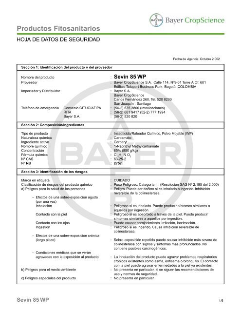 Sevin 85 WP - Bayer CropScience Chile