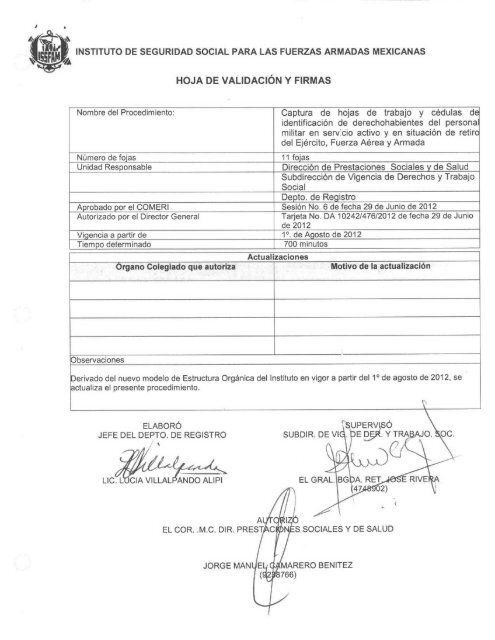 HOJA DE VALIDACION Y FIRMAS Captura de hojas de ... - Issfam