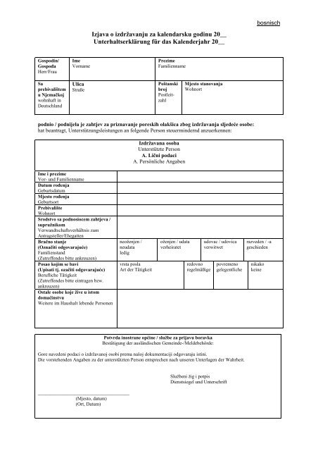 Izjava o izdrÅ¾avanju za kalendarsku godinu 20__ ... - I S A R e.V.