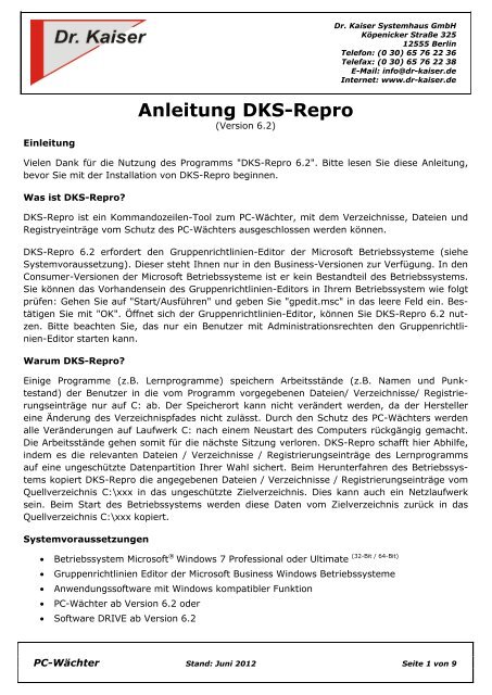 Installationsanleitung DKS-Repro 6.2 - Dr. Kaiser Systemhaus GmbH