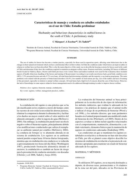 Características de manejo y conducta en caballos estabulados en el ...