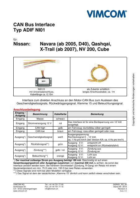 CAN Bus Interface Typ ADIF NI01 Nissan: Navara (ab ... - Vimcom