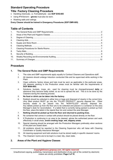 Standard Operating Procedure Title: Factory Cleaning Procedure ...