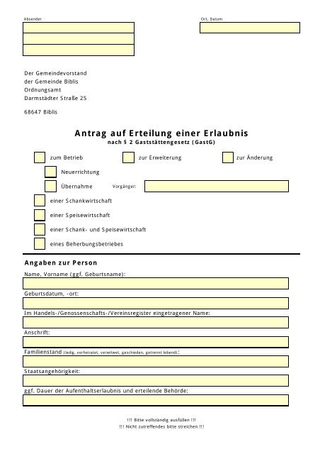 Antrag auf Erteilung einer Erlaubnis - Biblis