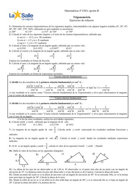Matemáticas 4º ESO, opción B Trigonometría Ejercicios ... - La Salle
