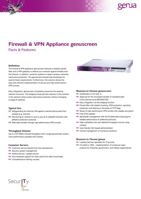 Firewall & VPN Appliance genuscreen, Facts & Features - GeNUA