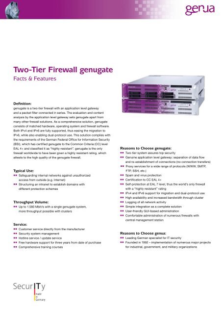 Two-Tier Firewall genugate, Facts & Features (PDF) - GeNUA Two-Tier Firewall genugate, Facts & Features (PDF) - GeNUA
