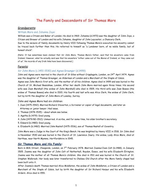 The Family and Descendants of Sir Thomas More - The Center for ...