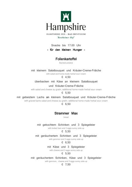 speisekarte, englisch - Hotel Bentheimer Hof