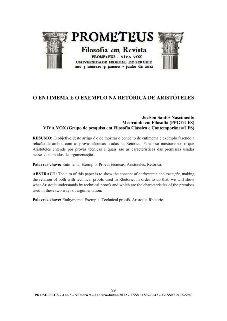 O ENTIMEMA E O EXEMPLO NA RETÓRICA DE ARISTÓTELES