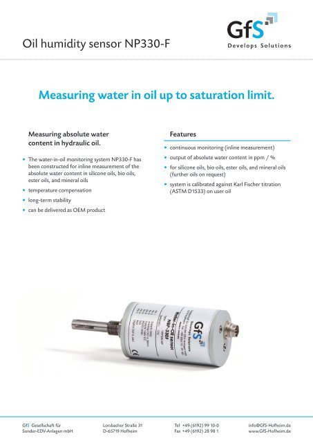 Oil humidity sensor NP330-F Measuring water in oil up to ... - GfS