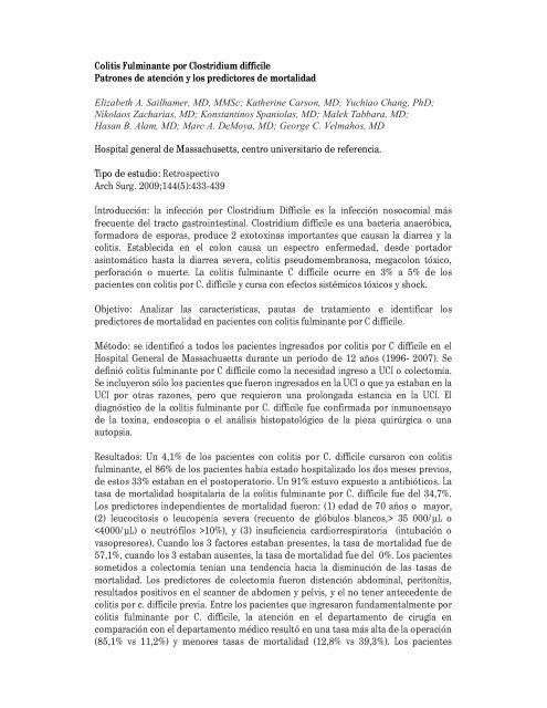 Colitis Fulminante por Clostridium difficile Patrones de atención y ...