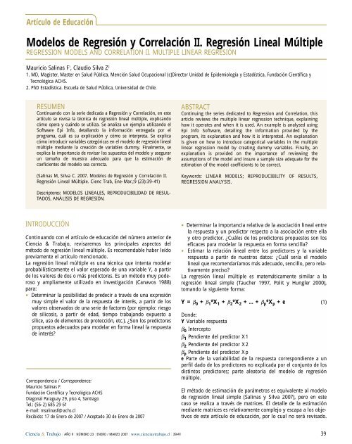 Modelos de Regresión y Correlación II. Regresión Lineal Múltiple Modelos de Regresión y Correlación II. Regresión Lineal Múltiple