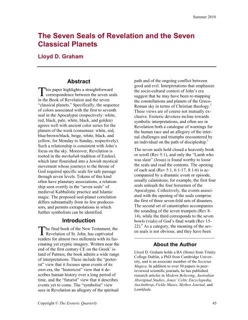 The Seven Seals of Revelation and the Seven Classical Planets