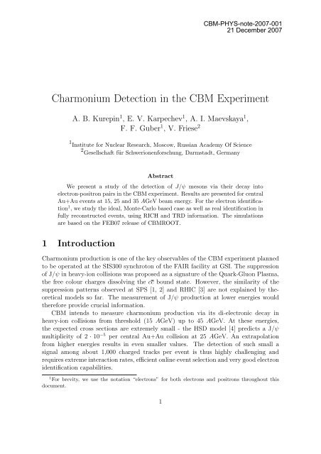Charmonium Detection in the CBM Experiment - GSI