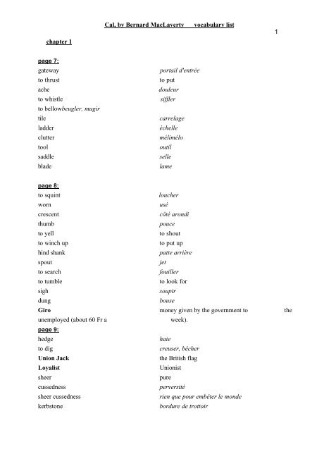 Cal, by Bernard MacLaverty vocabulary list 1 chapter 1 gateway ...