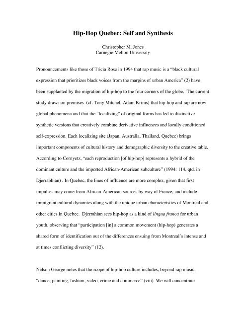 Hip-Hop Quebec: Self and Synthesis - Carnegie Mellon University