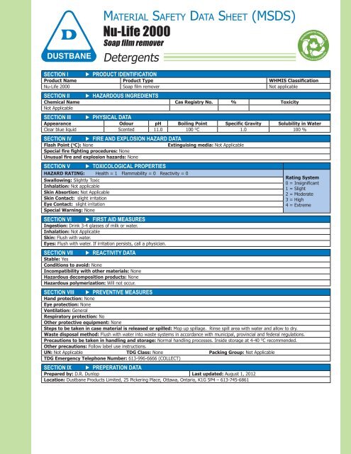 (MSDS) Nu-Life 2000 - Dustbane Products Limited