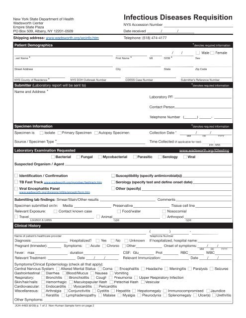 Infectious Diseases Requisition form - Wadsworth Center